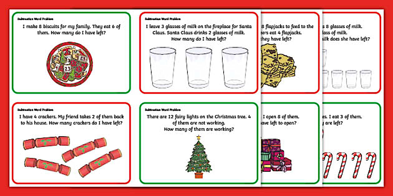 Christmas Themed Subtraction Word Problem Challenge Cards