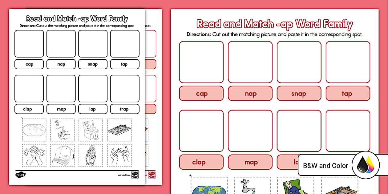 Read and Match -ap Word Family Worksheet for K-1st Grade