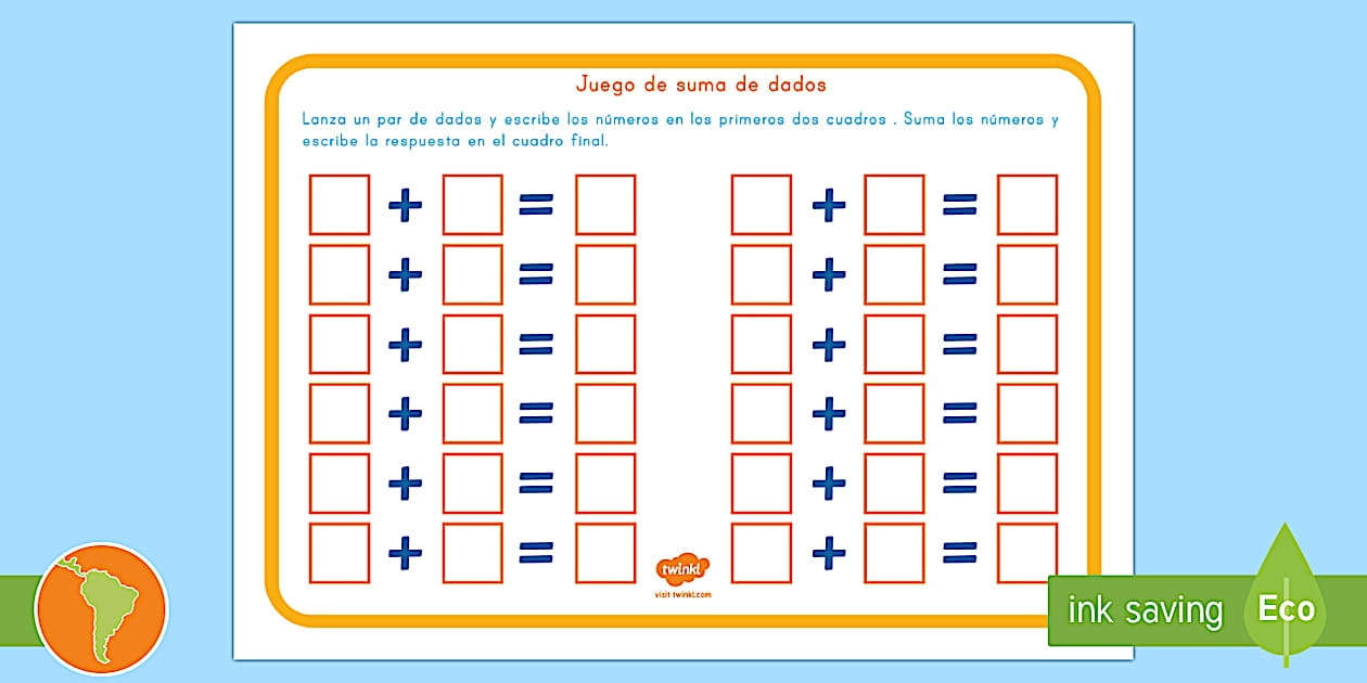 Ficha de actividad: Sumas con dados - Twinkl