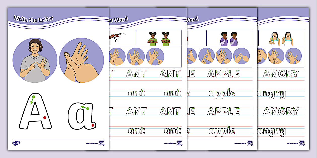 Words Starting with A Handwriting Worksheets with Auslan