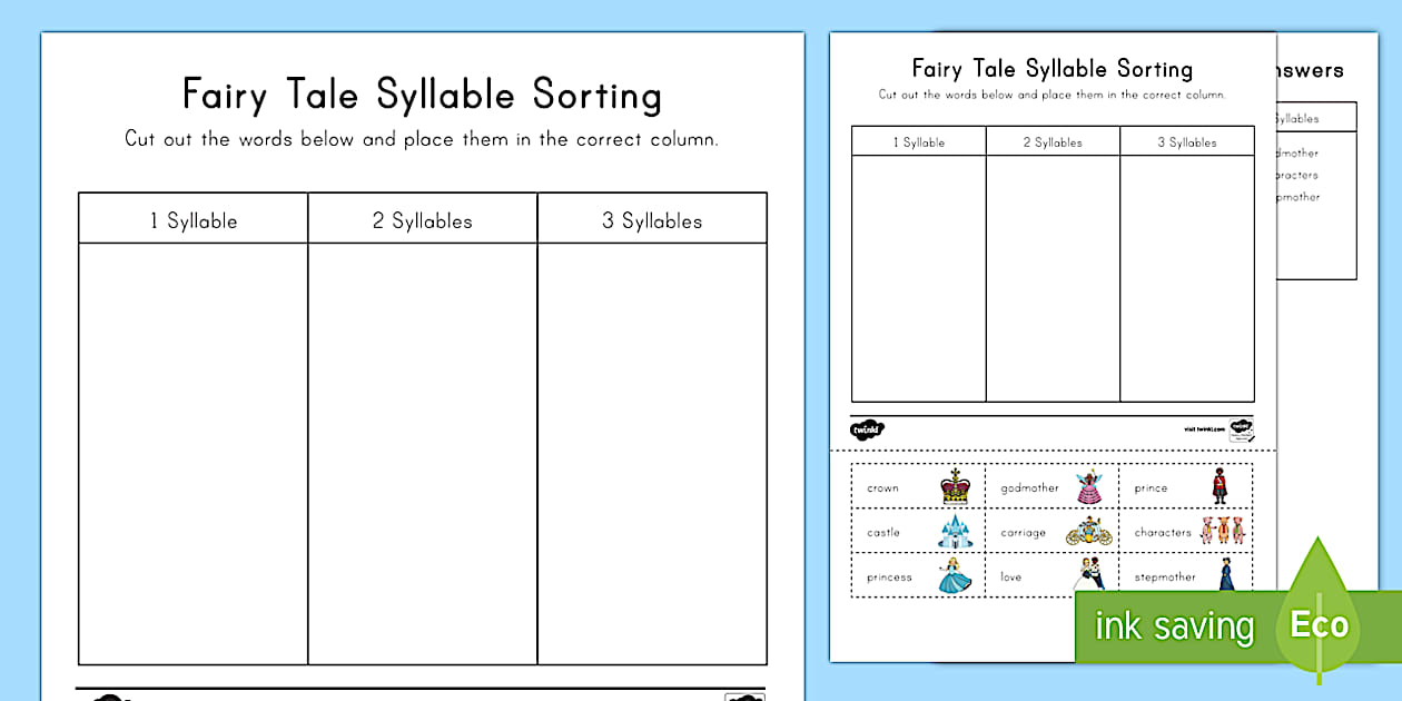 Black and White Fairy Tale Syllables Sorting Activity Worksheet