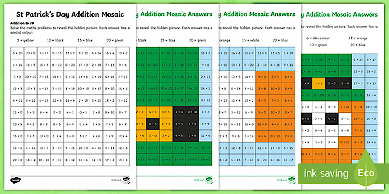 Editable St Patrick's Day Addition Maths Mosaic Worksheets