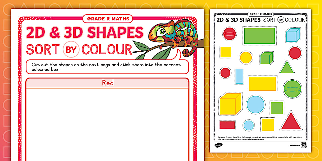 Grade R 2D and 3D Shapes - Worksheet - Sort by Colour