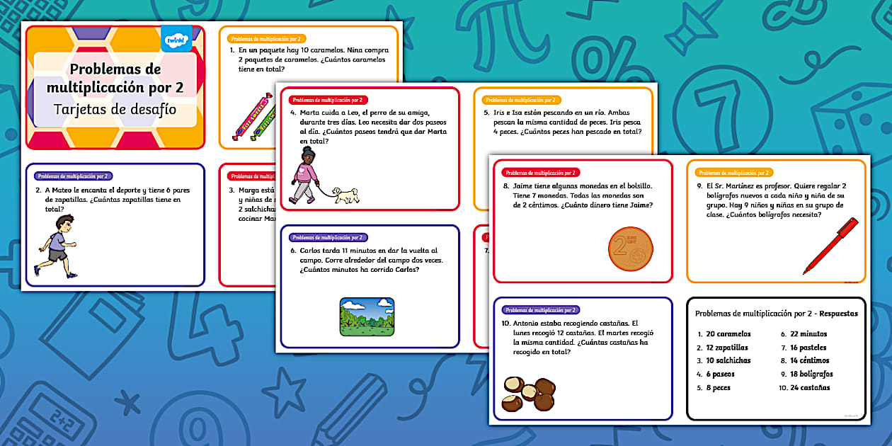 Tarjetas de desafío: Problemas de multiplicación por 2