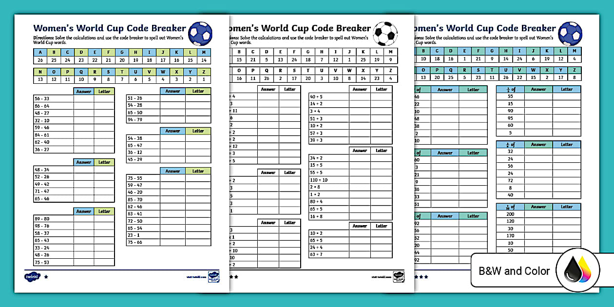 Women's World Cup Code Breaker Math: Multiplication Division