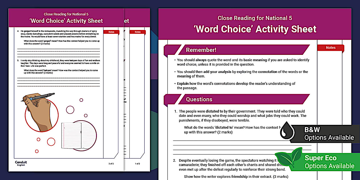 Close Reading: Word Choice Worksheet (Teacher-Made) - Twinkl
