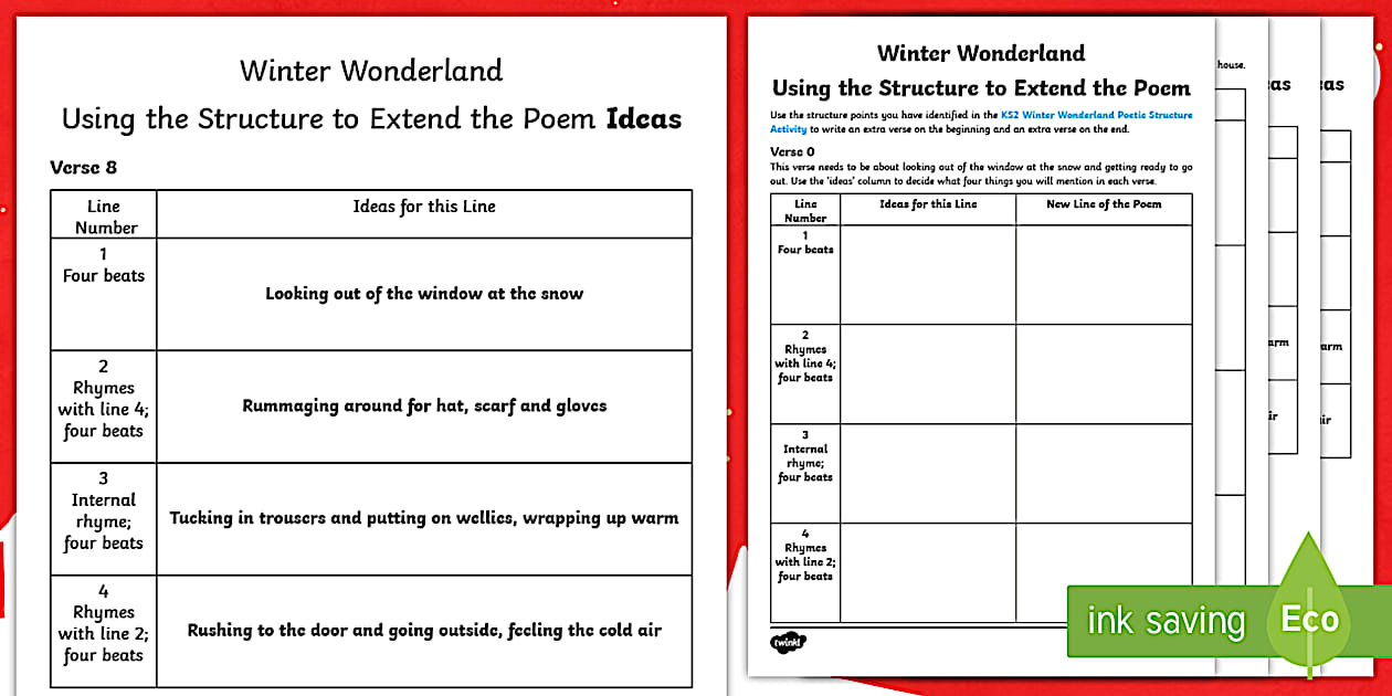 KS2 Winter Wonderland Extending the Poem Worksheet / Worksheet