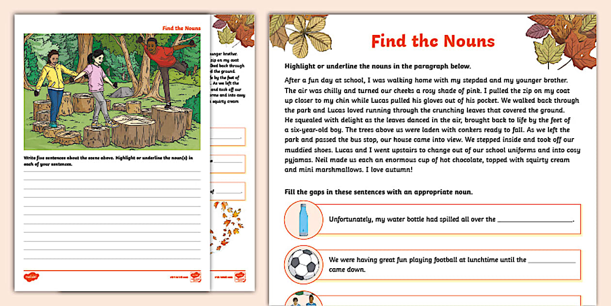KS2 Autumn Find the Nouns Worksheet - English - Twinkl