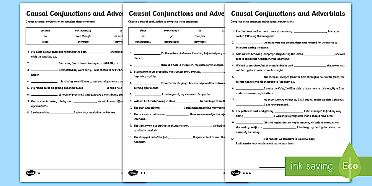 Causal Conjunctions and Adverbials | Conjunctions Worksheets