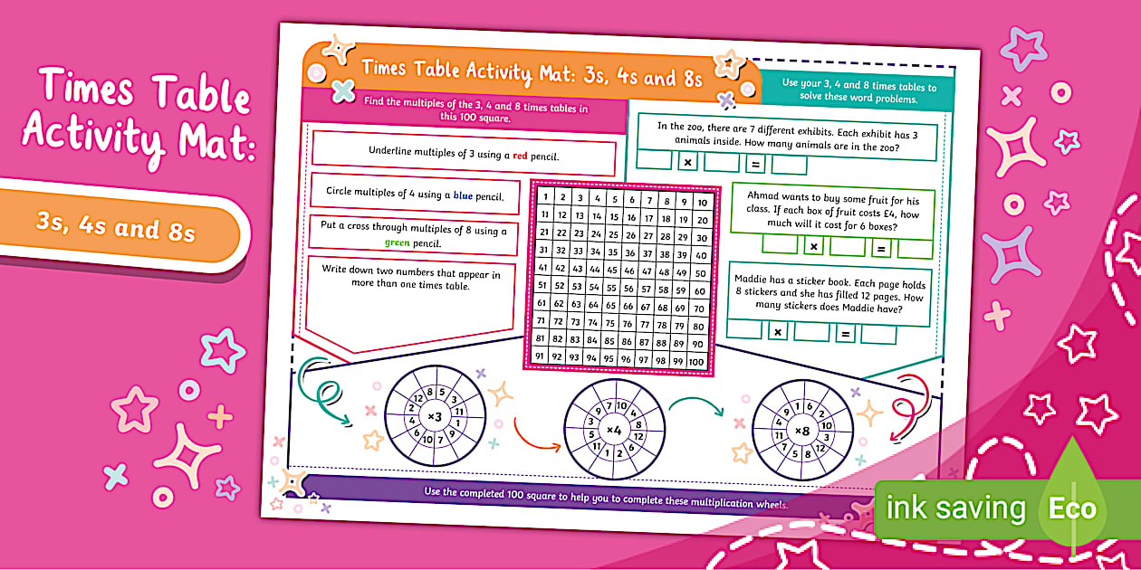 Times Table Activity Mat: 3s, 4s and 8s (teacher made)