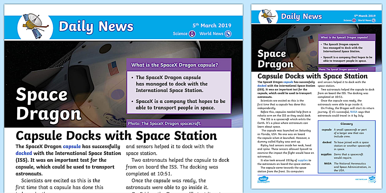 LKS2 Space Dragon Docks Daily News Story (teacher made)