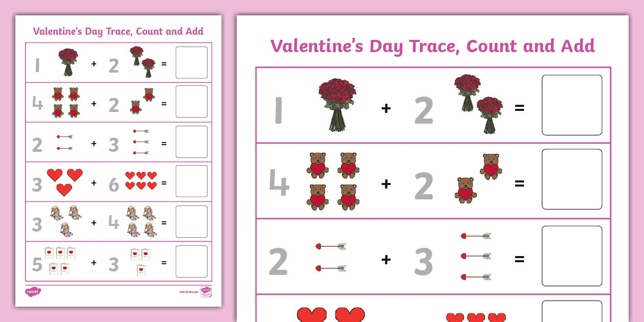 KS1 Valentine's Day Trace, Count and Add Activity | Twinkl