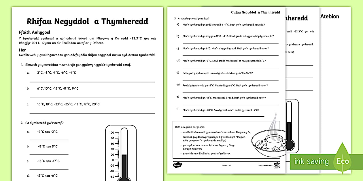 Taflen Weithgaredd Rhifau Negyddol a Thymheredd - Twinkl