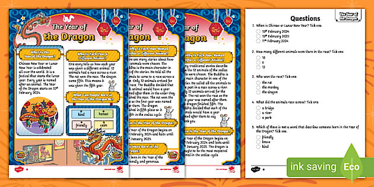 KS1 The Year of the Dragon Reading Comprehension Activity
