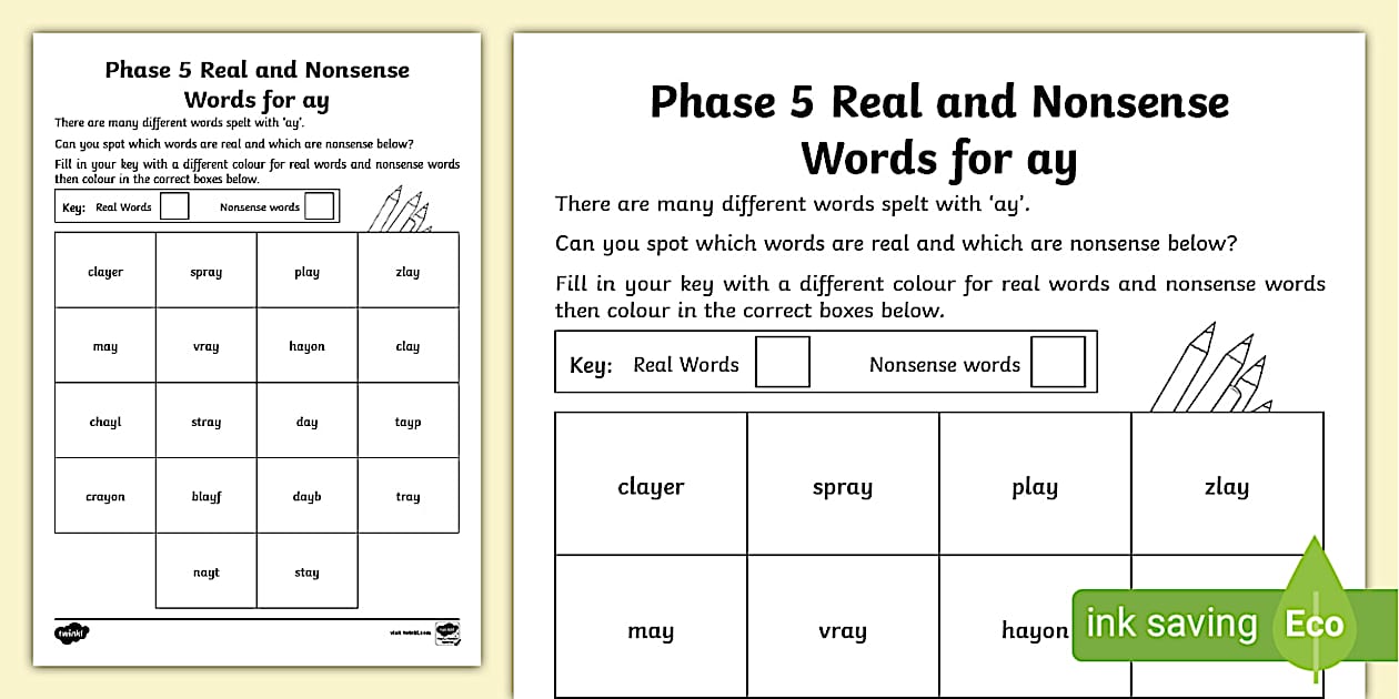 Editable Phase 5 'ay' Colour by Phoneme Real and Nonsense Words