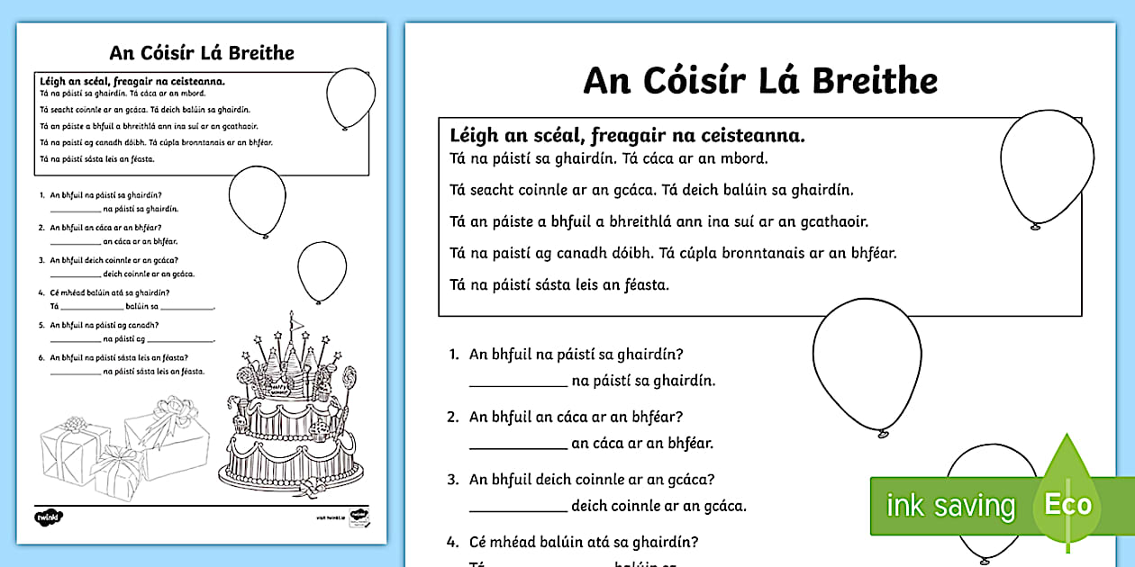 The Birthday Party Reading Activity Gaeilge