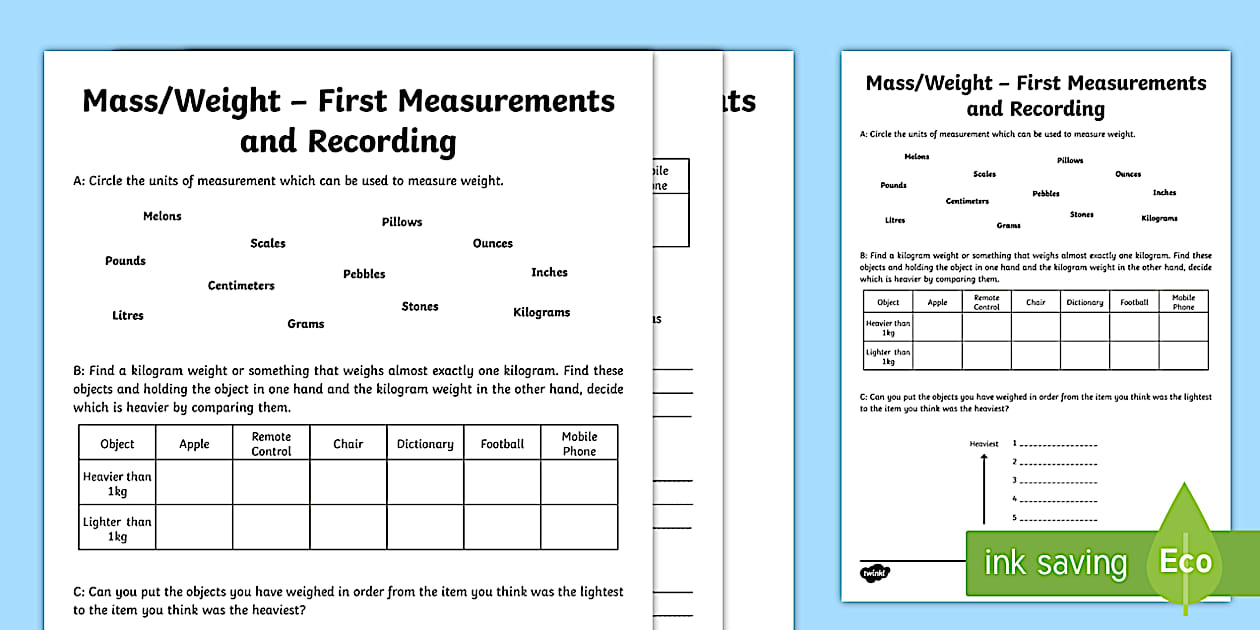 Editable First Measurements in Weight Worksheet - Twinkl
