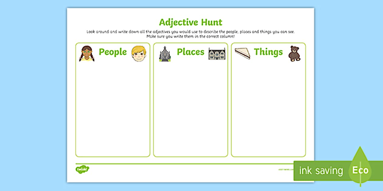 Adjective Hunt Worksheet - (teacher made) - Twinkl