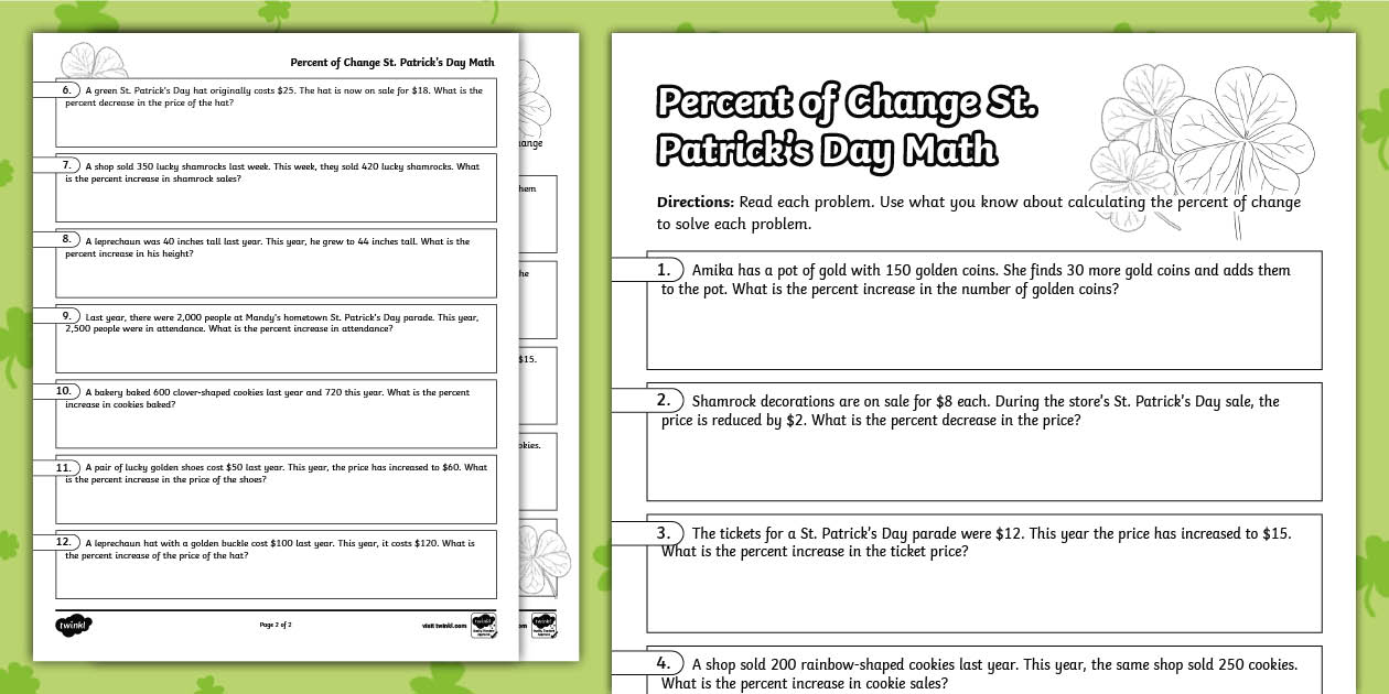Seventh Grade Percent of Change St. Patrick’s Math Problems