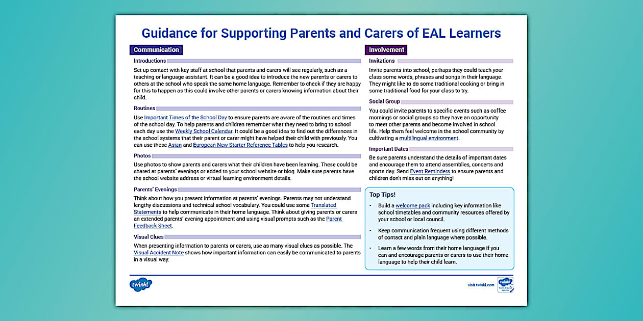 Guidance and Ideas for Supporting Parents and Carers of EAL Learners