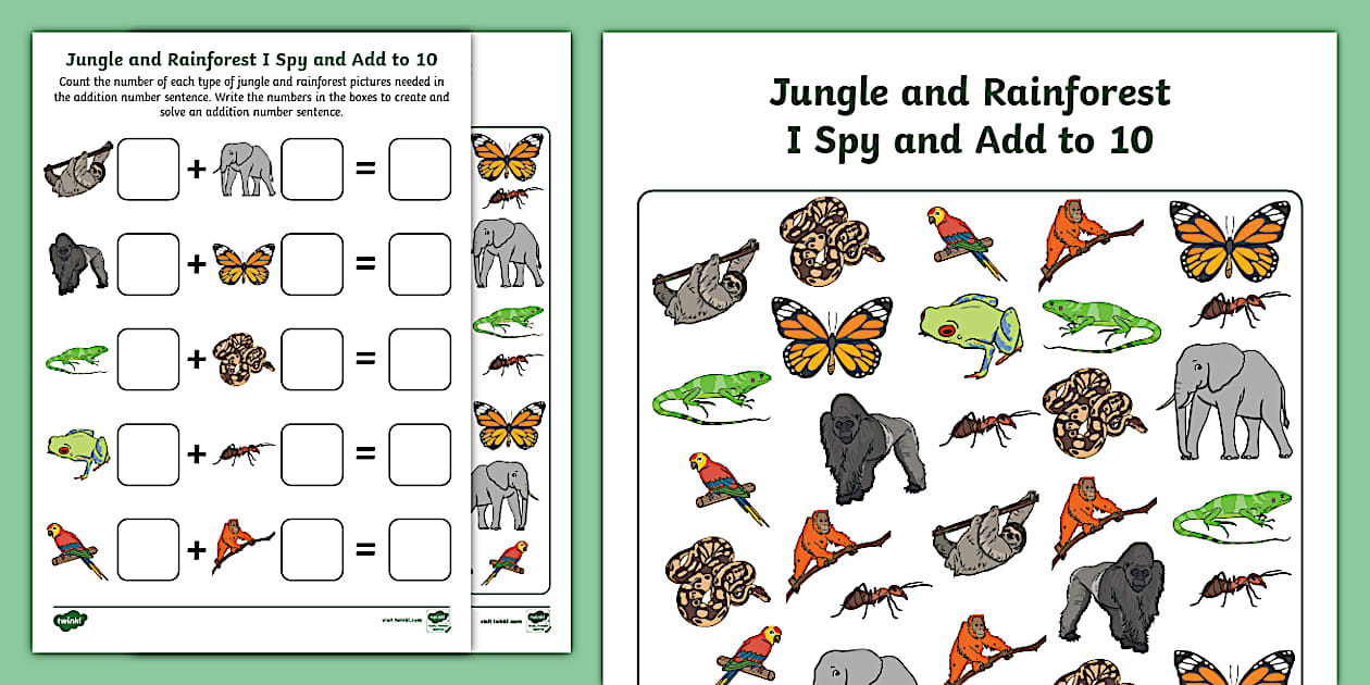 Jungle and Rainforest I Spy and Add to 10 - Twinkl