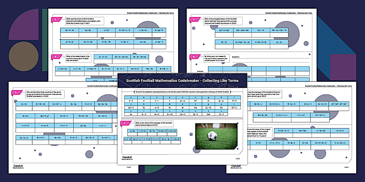 Scottish Football Maths Codebreaker - Collecting Like Terms