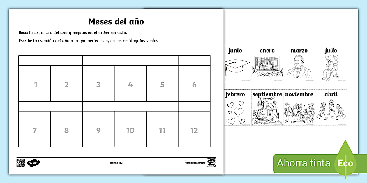 Hoja de actividad: Recortando los meses del año - Twinkl