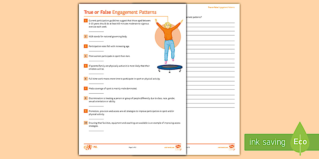 GCSE PE: Engagement Patterns True or False Worksheet