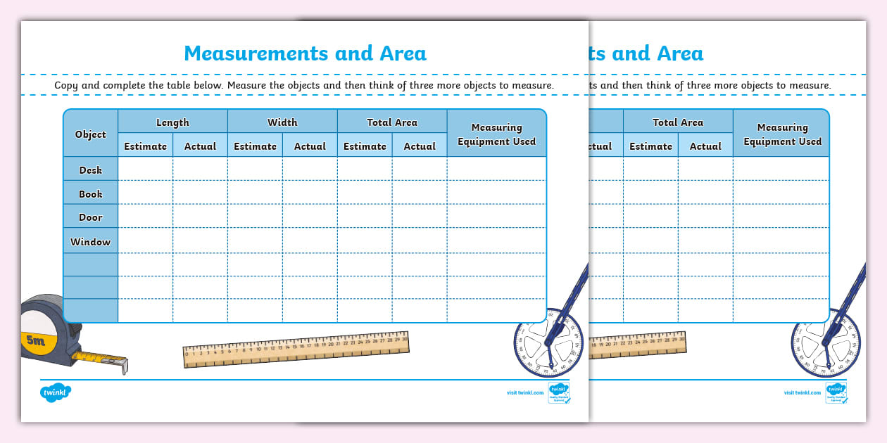 Measurements and Area Table Maths Activity Sheet - Twinkl