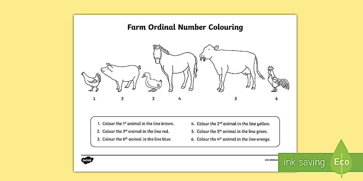 Farm Animals Colouring and Ordinal Number Worksheet - Twinkl