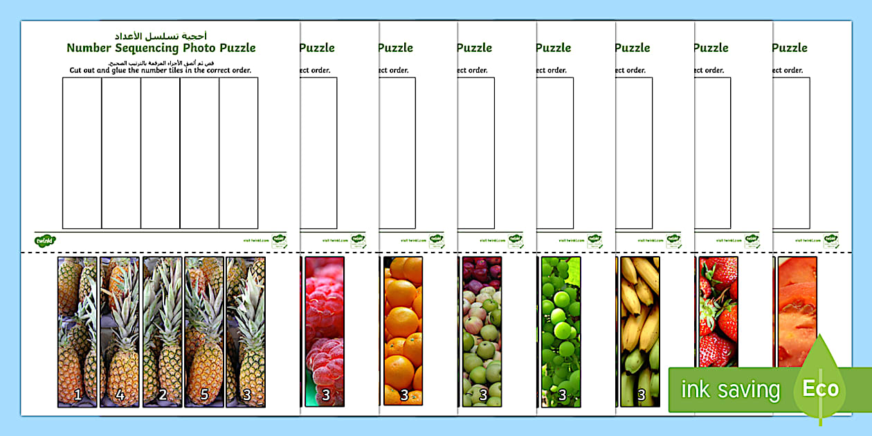 Fruit Themed Number Sequencing Photo Puzzles Arabic/English