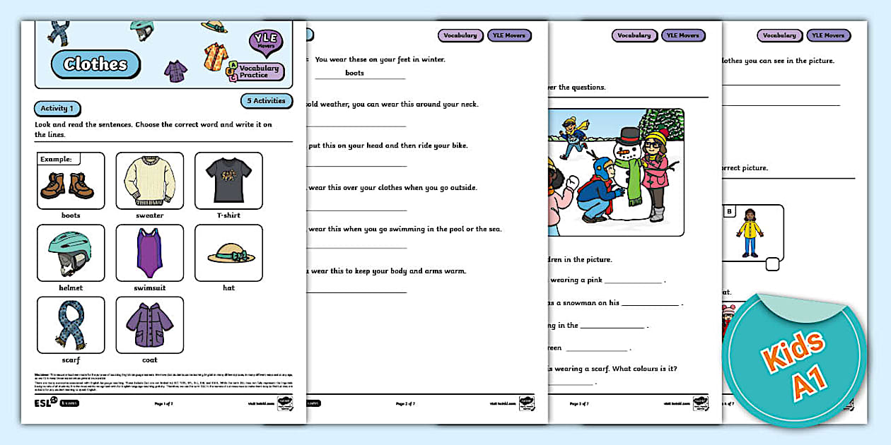 YLE Movers Clothes Vocabulary Activity Sheet (teacher made)