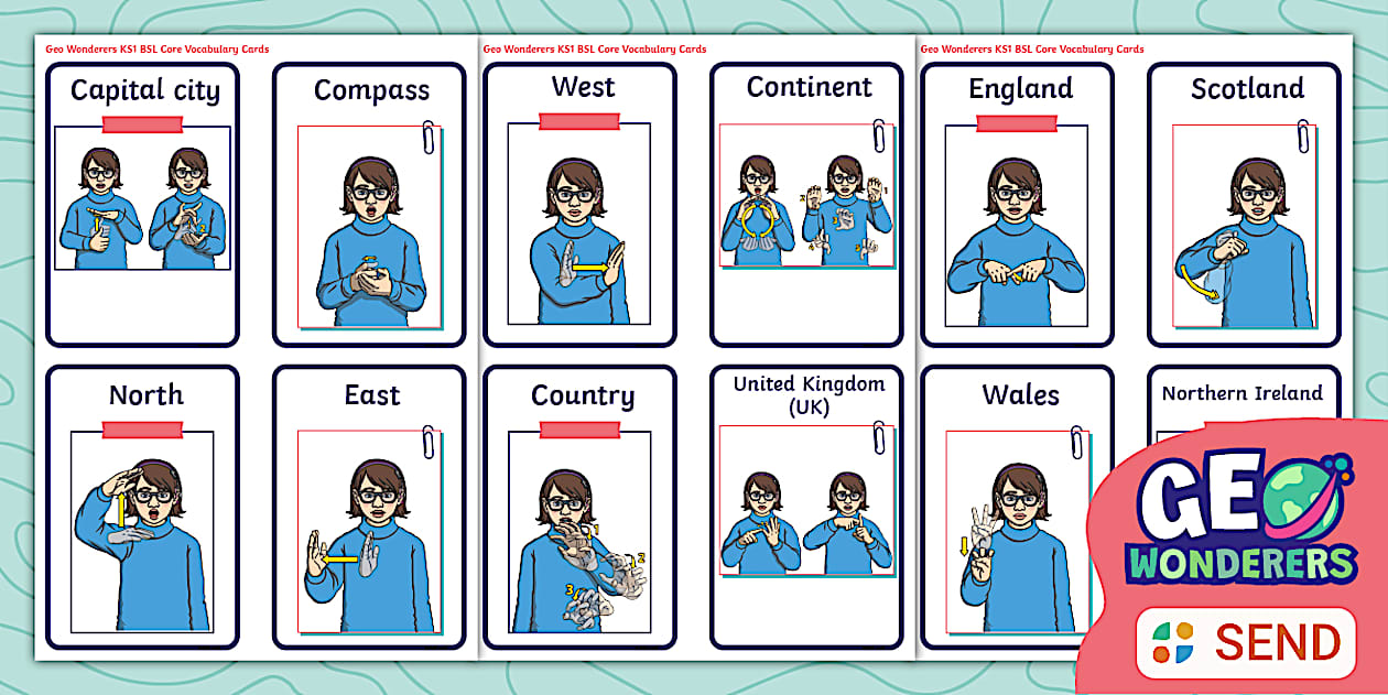 Geo Wonderers BSL Whole Unit UK Core Vocabulary Cards