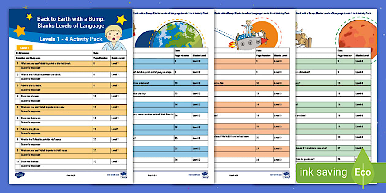 Back to Earth with a Bump: Blanks Levels of Language Levels 1 - 4 Activity