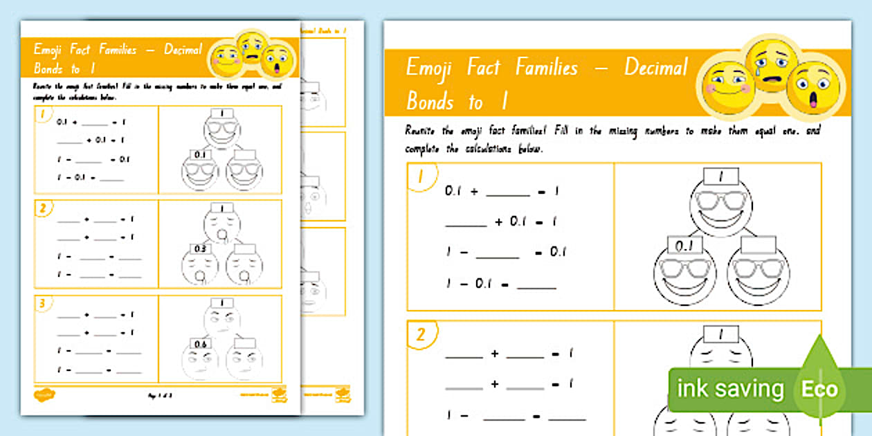 😊 Decimal Number Bonds to 1 - Emoji Fact Families (Stage 7)