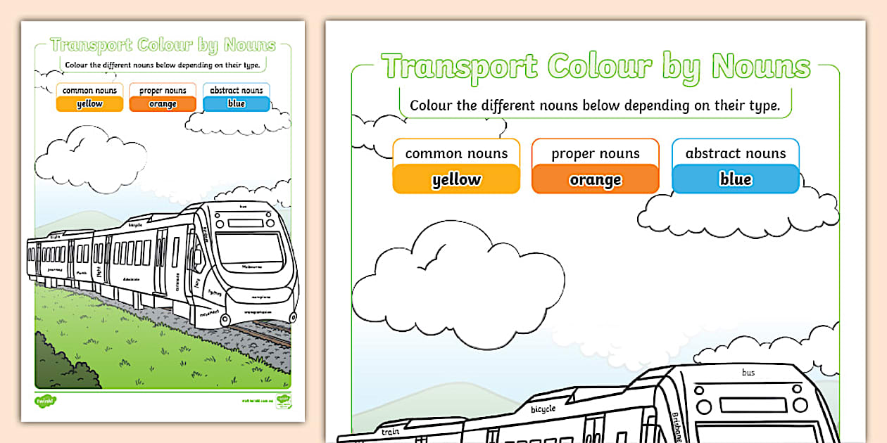 Transport-Themed Colour by Noun Type Worksheet