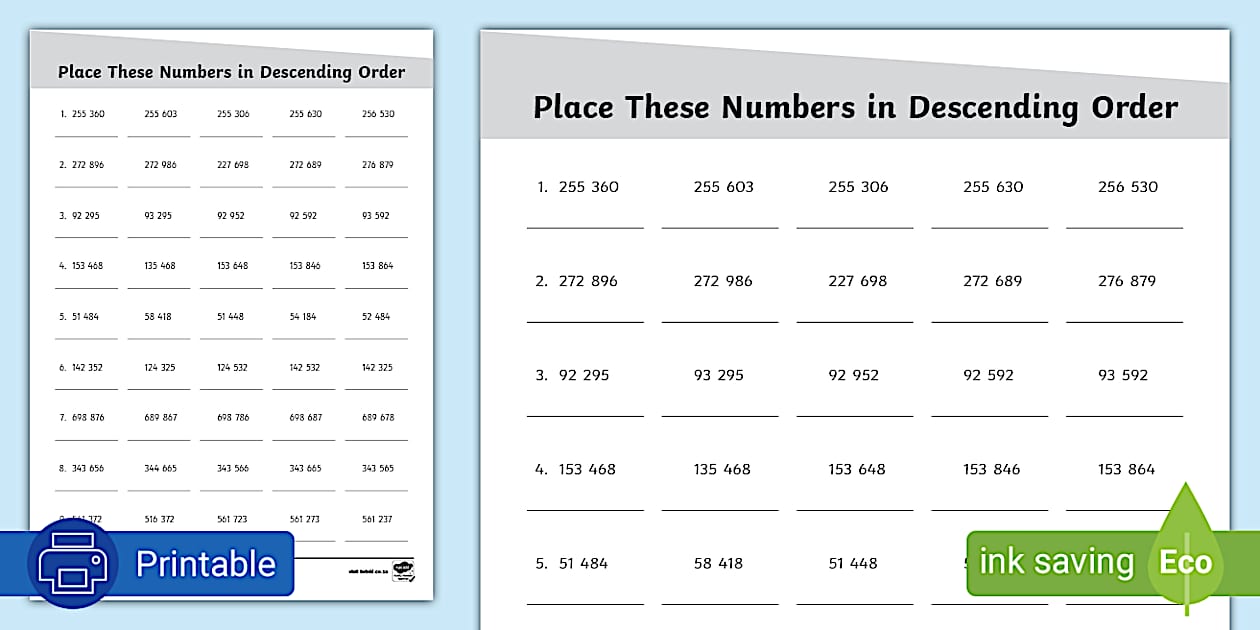 Place These Numbers in Descending Order Activity Sheet
