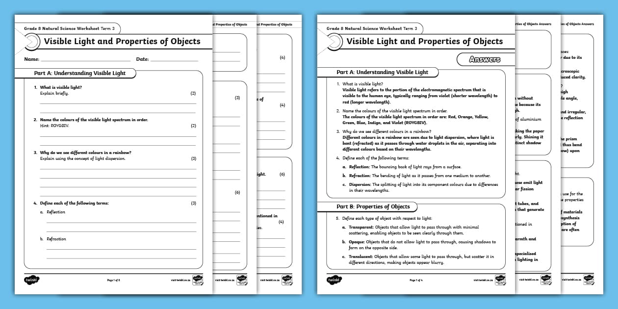 Grade 8 Natural Science Visible Light Worksheet