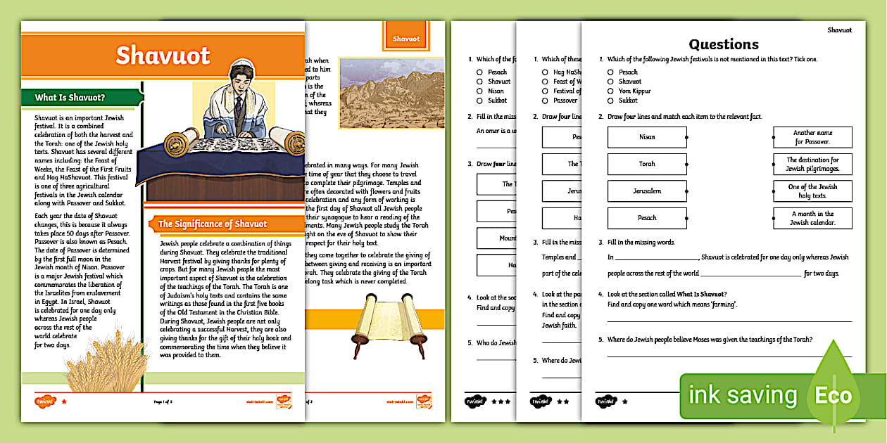 UKS2 Shavuot Differentiated Reading Comprehension Activity