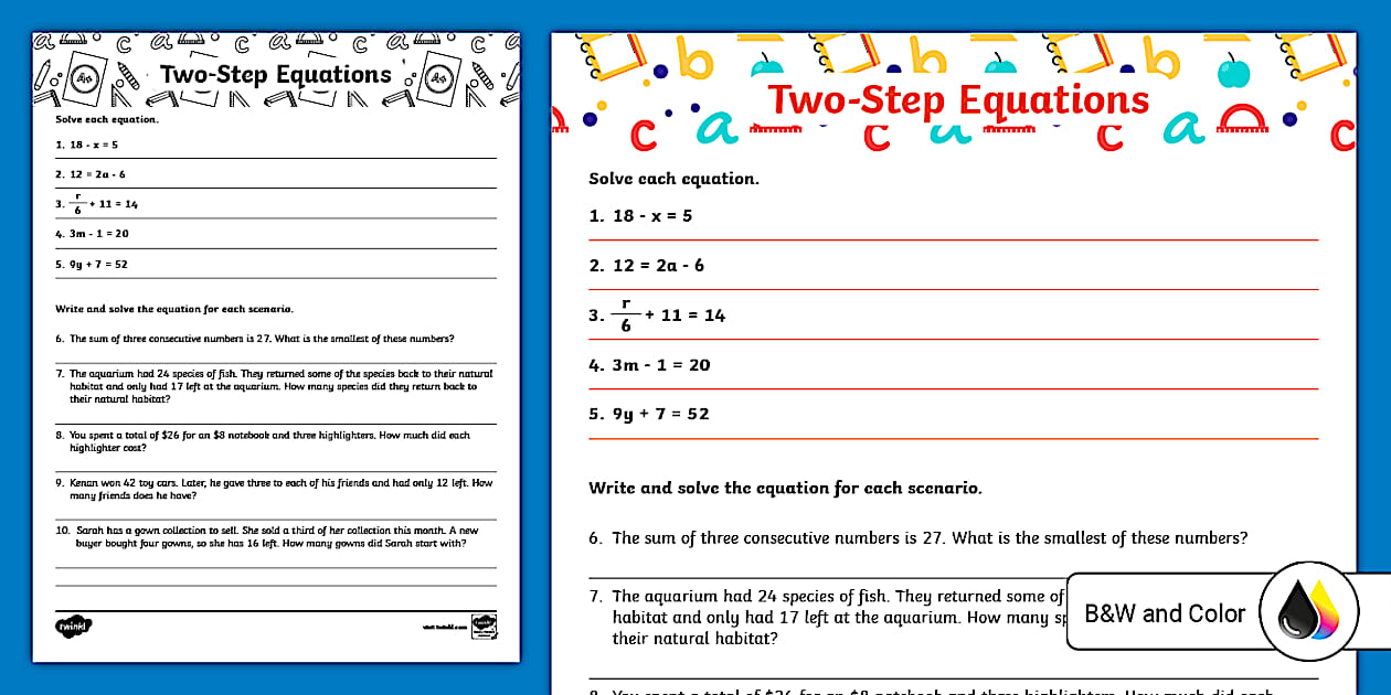 Seventh Grade Two-Step Equations Worksheet (teacher made)