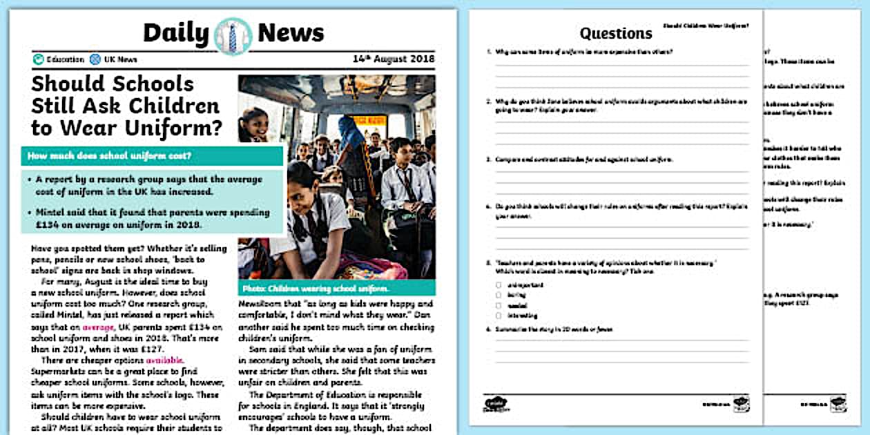 UKS2 School Uniform Debate Daily News Story (teacher made)