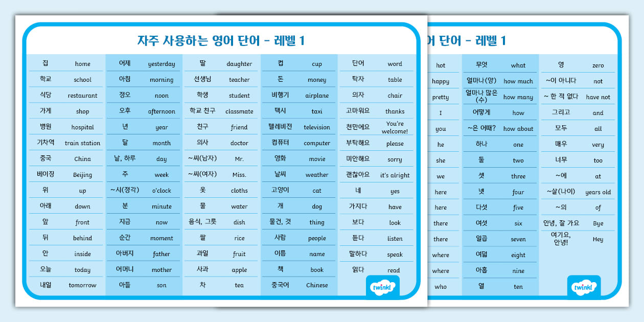 자주 사용하는 단어 매트 레벨 1 High Frequency Word Level 1 Word Mat