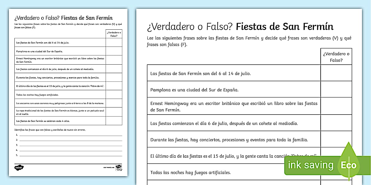 San Fermin Festivities Spanish True or False Worksheet / Worksheet