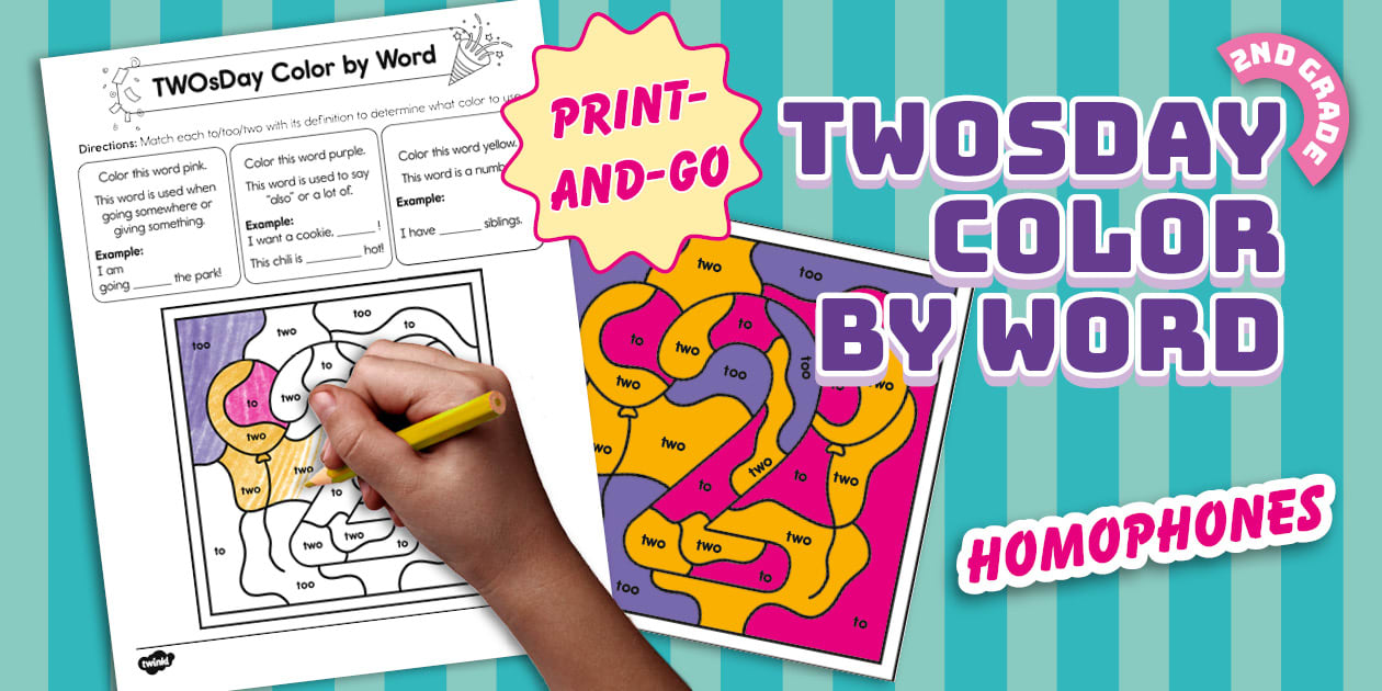 TWOsDay To/Too/Two Homophones Color by Word Worksheet