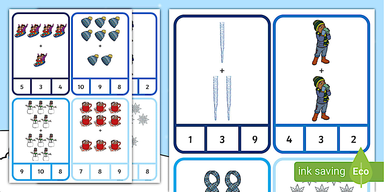 Winter-Themed Addition to 10 Peg Matching Cards - Twinkl