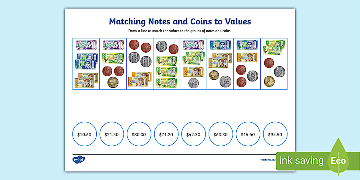 NZ Matching Notes and Coins to Values Activity - Twinkl