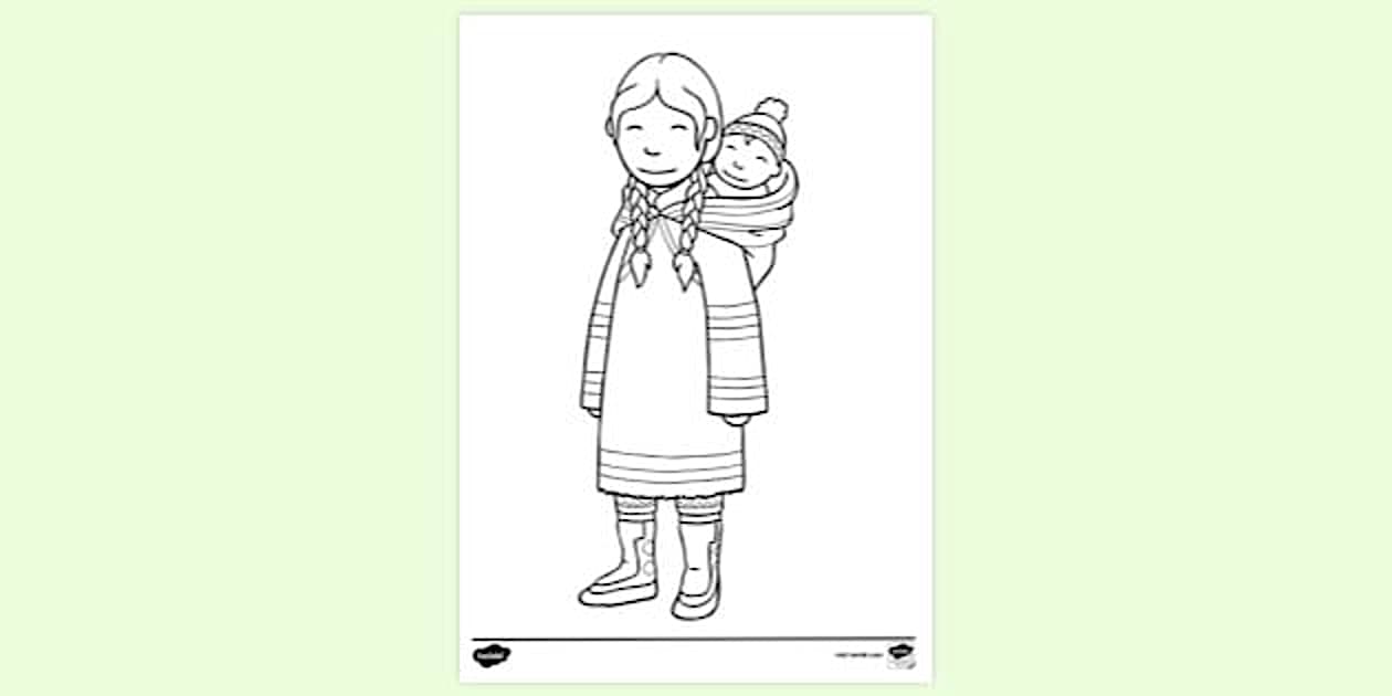 Inuit Woman With Baby In Parka Pouch Colouring Sheet