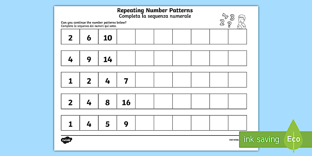 Repeating Pattern Worksheet / Worksheets (Numbers) English/Italian ...