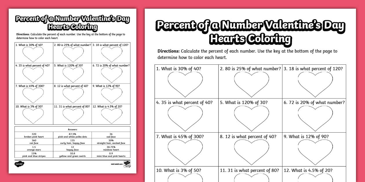 6th GR Percent of a Number Valentine’s Day Hearts Coloring