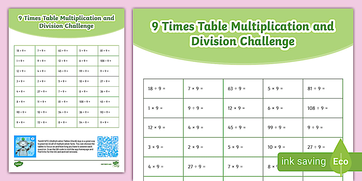 👉 9 Times Table Multiplication and Division Challenge Activity Sheet